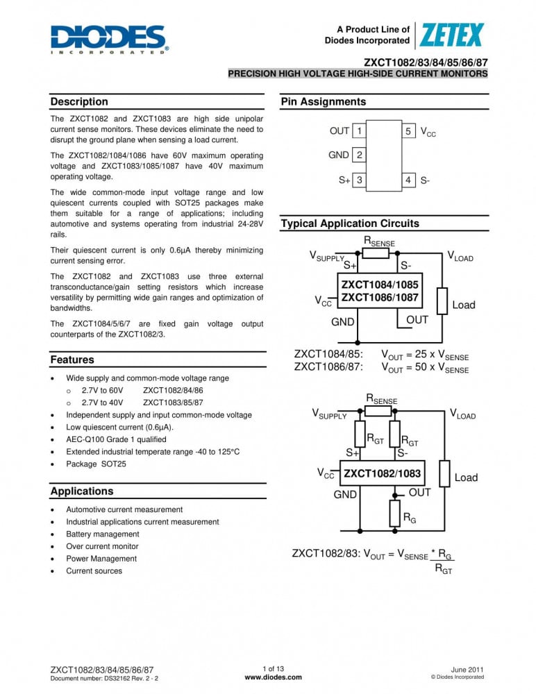 ZXCT1082E5TA datasheet page 1