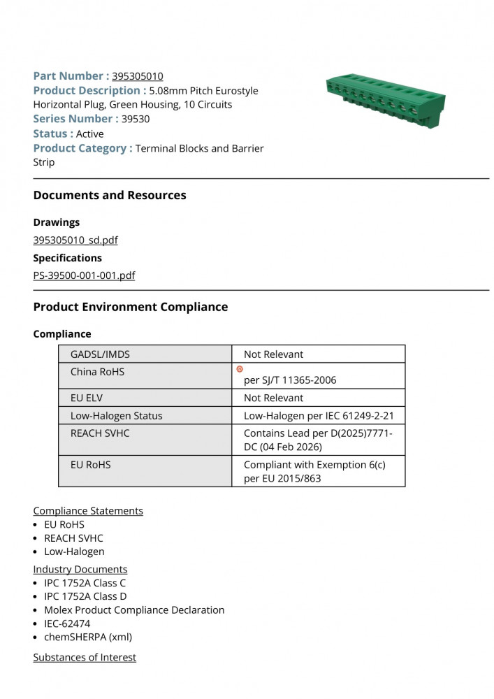 MOLEX 395305010 technical document page 1