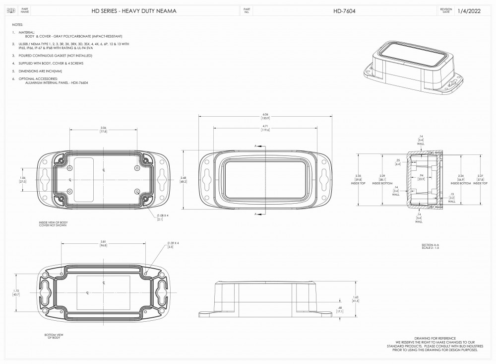Bud Industries HD-7604 product drawing and technical documentation