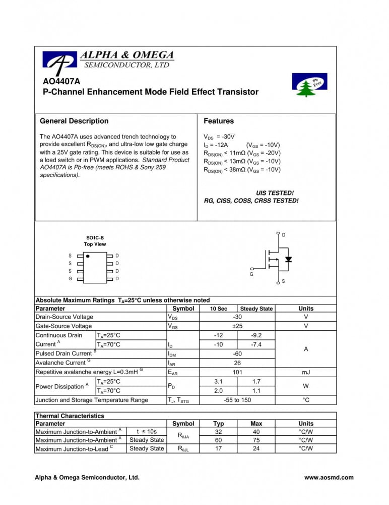 AO4407A datasheet page 1