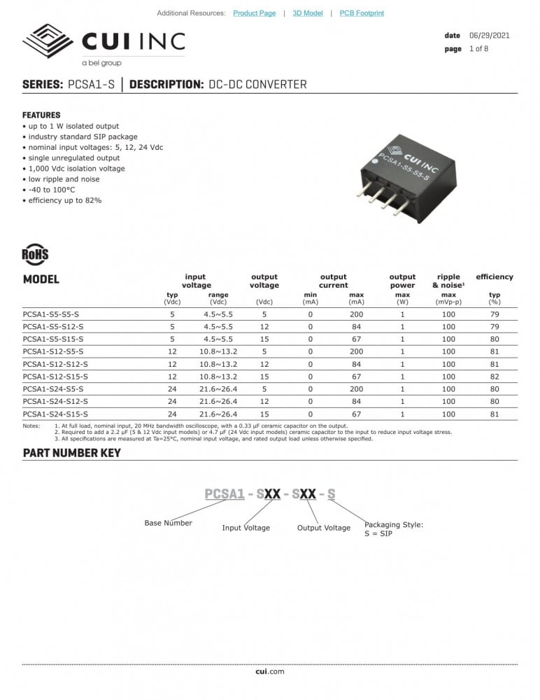 CUI PCSA1-S datasheet page 1