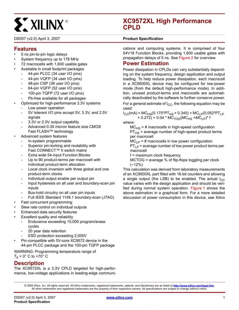 XC9572XL datasheet page 1