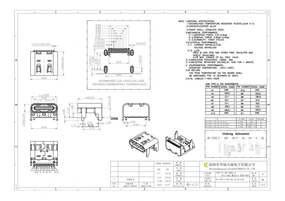 HCTL HC-TYPE-C-16P-CH3.18-3A-B5-02 drawing page 1