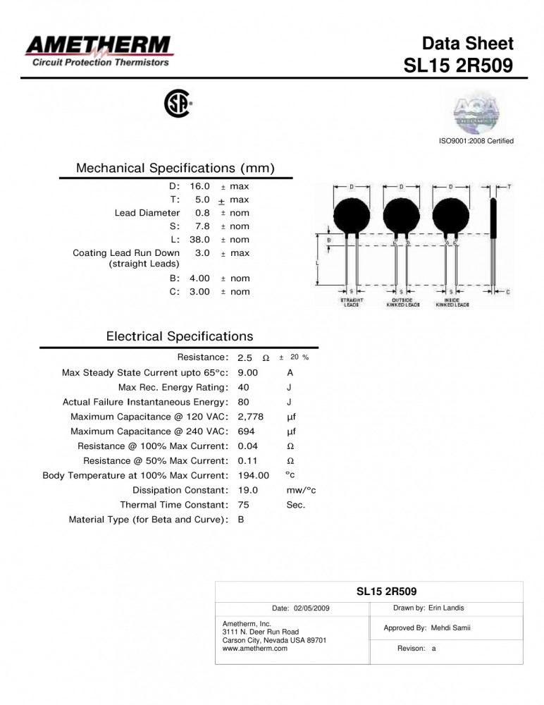 Ametherm SL15 2R509-A technical document page