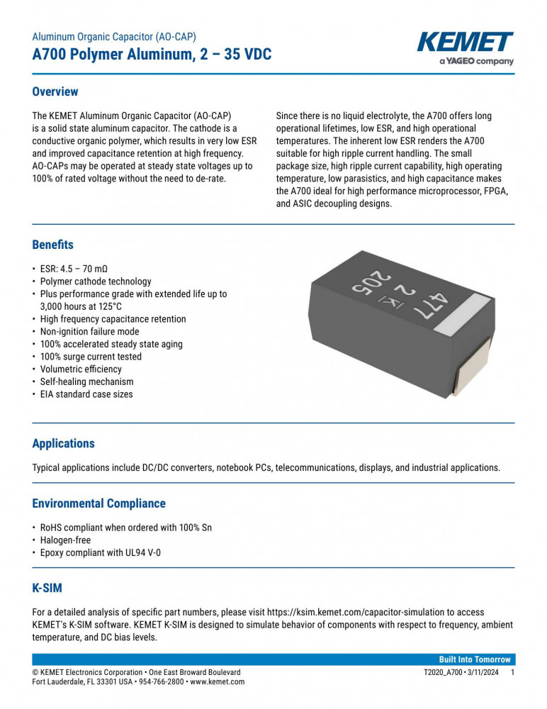 KEMET A700 datasheet page 1