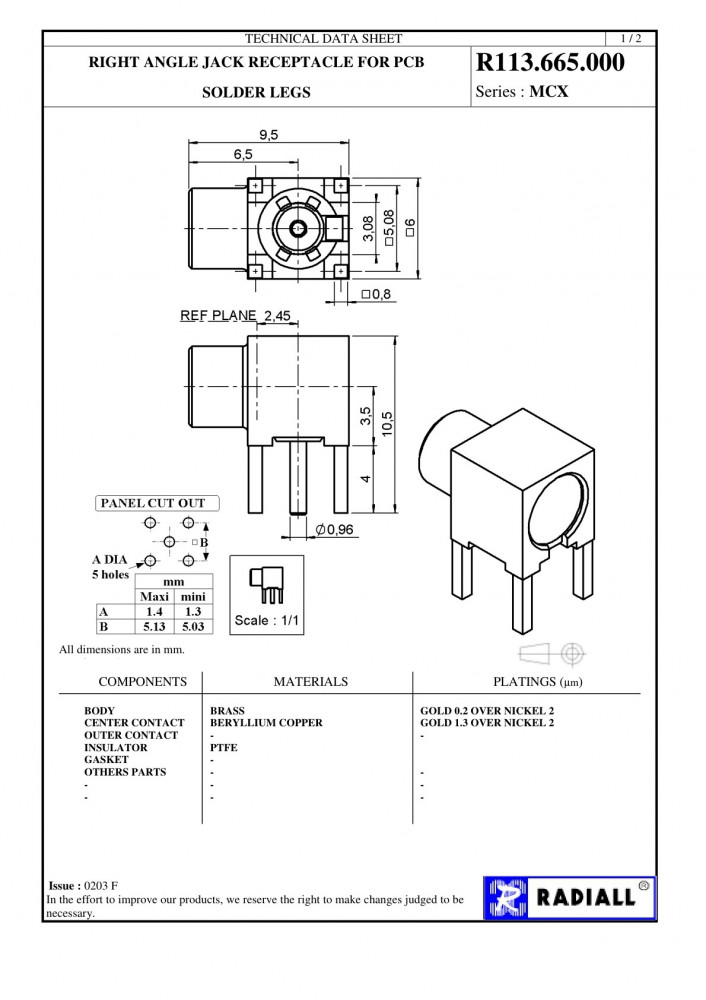 Radiall R113.665.000 technical data sheet page 1