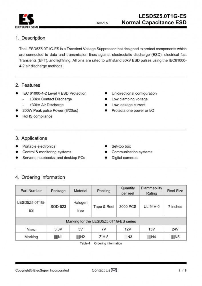 LESD5Z5.0T1G-ES datasheet page 1