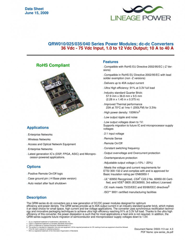 QRW035A0F datasheet page 1