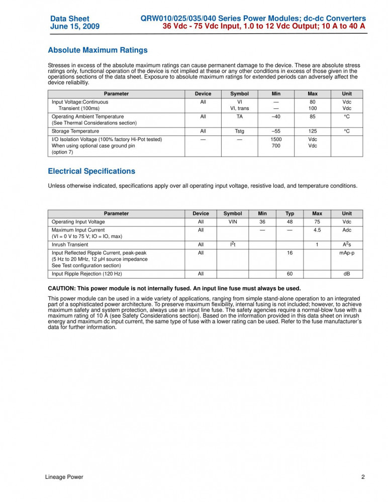 QRW035A0F datasheet page 2