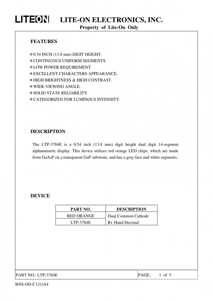 LTP-3784E datasheet page 2