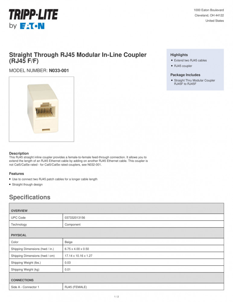 EATON N033-001 product document page 1