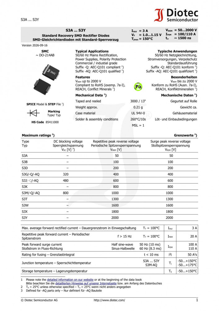 DIOTEC S3 series rectifier datasheet page 1