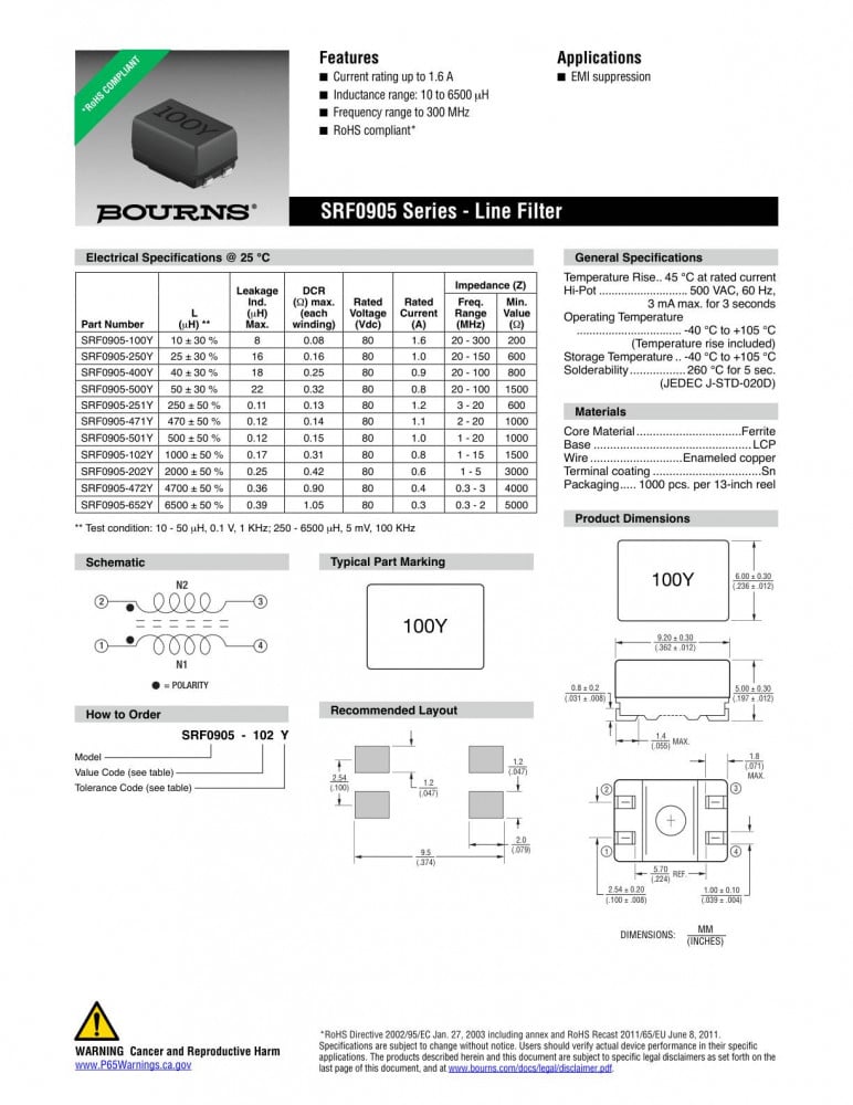 BOURNS SRF0905 series datasheet page 1