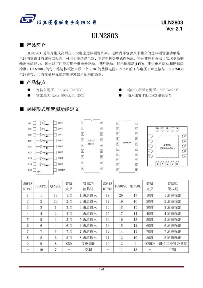 ULN2803 datasheet page 1