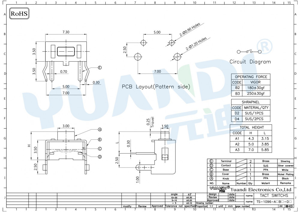 Yuandi TS-1096 tactile switch technical drawing