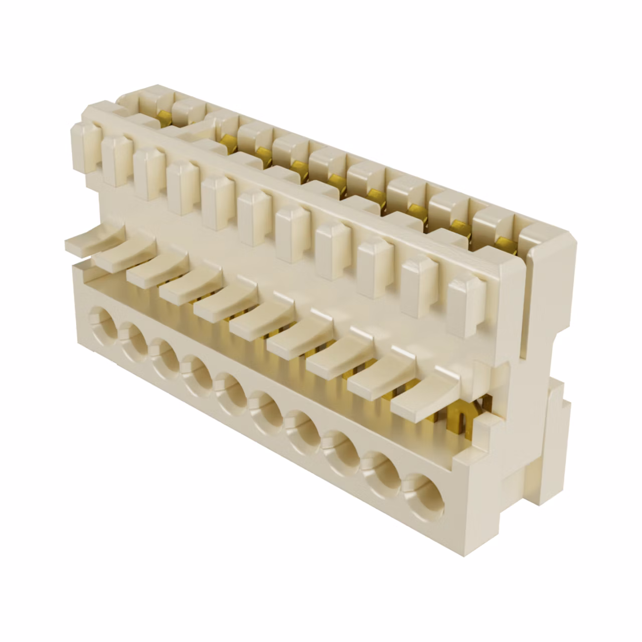 Appli-Mate RAST 2.5 Connector, 2.50mm Pitch, Female, 10 Circuits, Polarizing Rib Between 2/3, Locking Pips, Slotted Endwalls, Brown Color Stripe, Gold Plating for sale