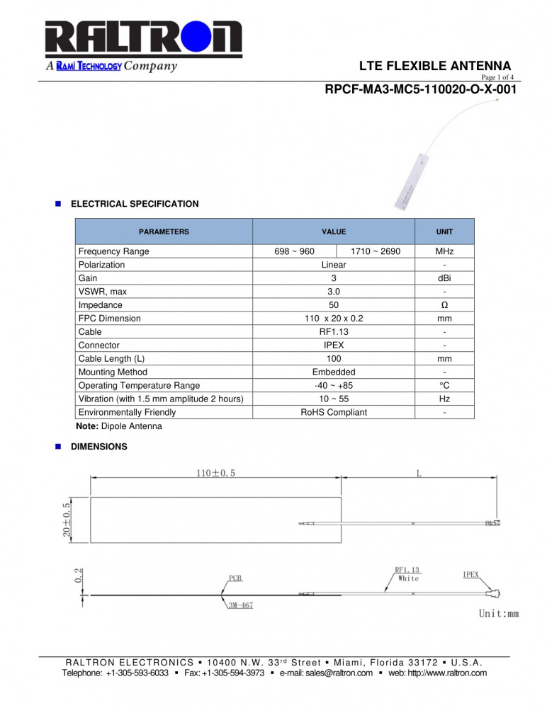 Raltron antenna datasheet page 1