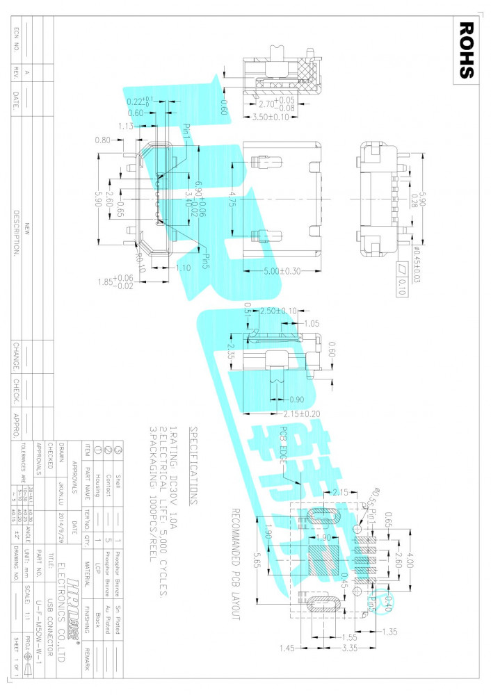 U-F-M5DW-W-1 USB connector technical drawing