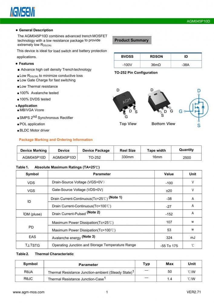 AGM045P10D datasheet page 1