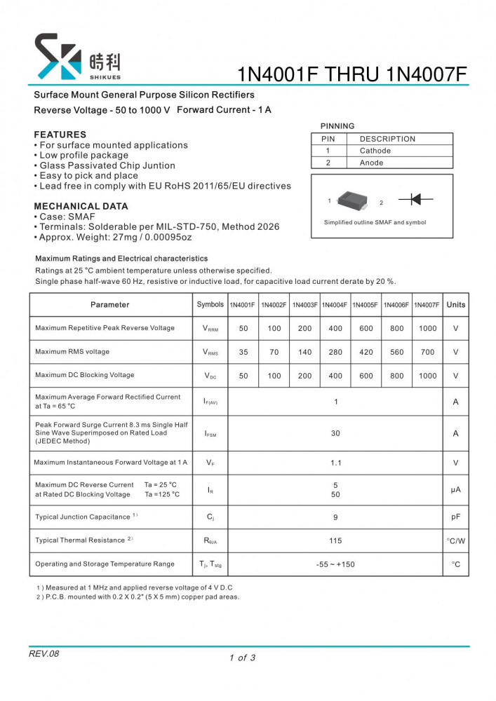 1N4001F datasheet page 1