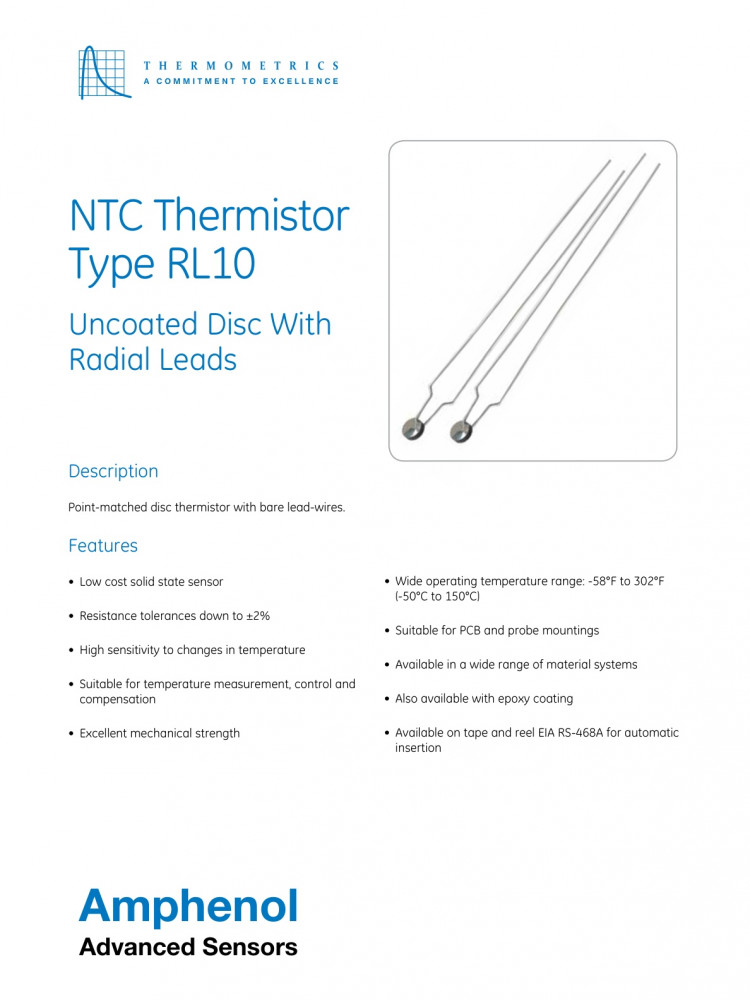Amphenol RL10 NTC thermistor datasheet page 1