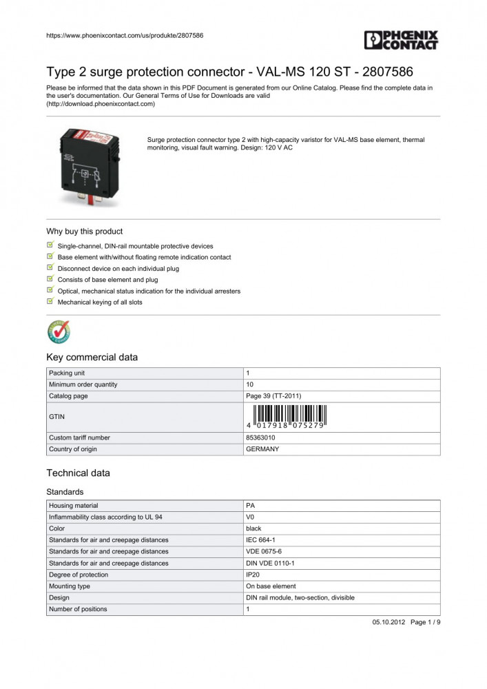 Phoenix Contact 2807586 catalog page 1