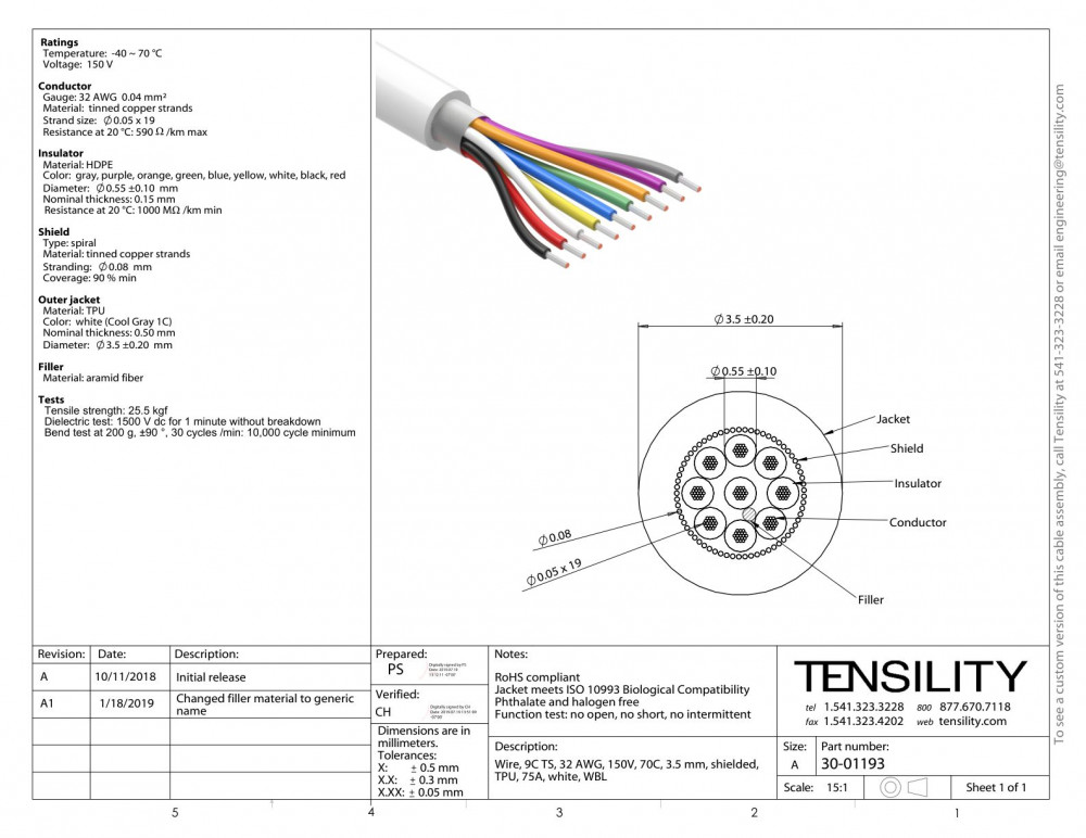 Tensility International 30-01193 cable specification drawing