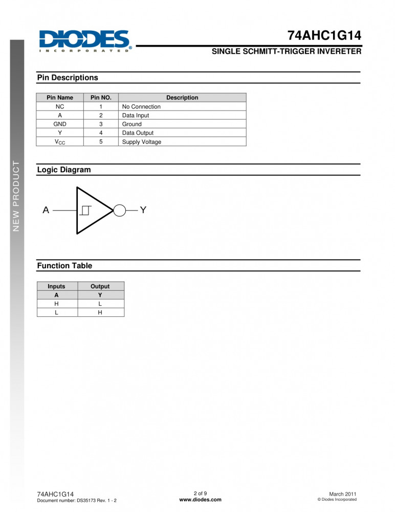 74AHC1G14SE-7 datasheet page 2