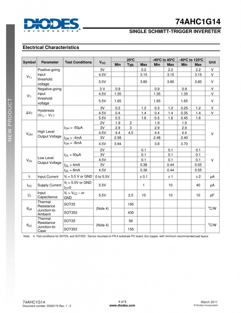 74AHC1G14SE-7 datasheet page 4