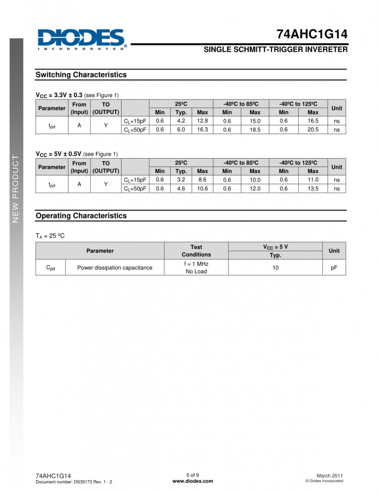 74AHC1G14SE-7 datasheet page 5