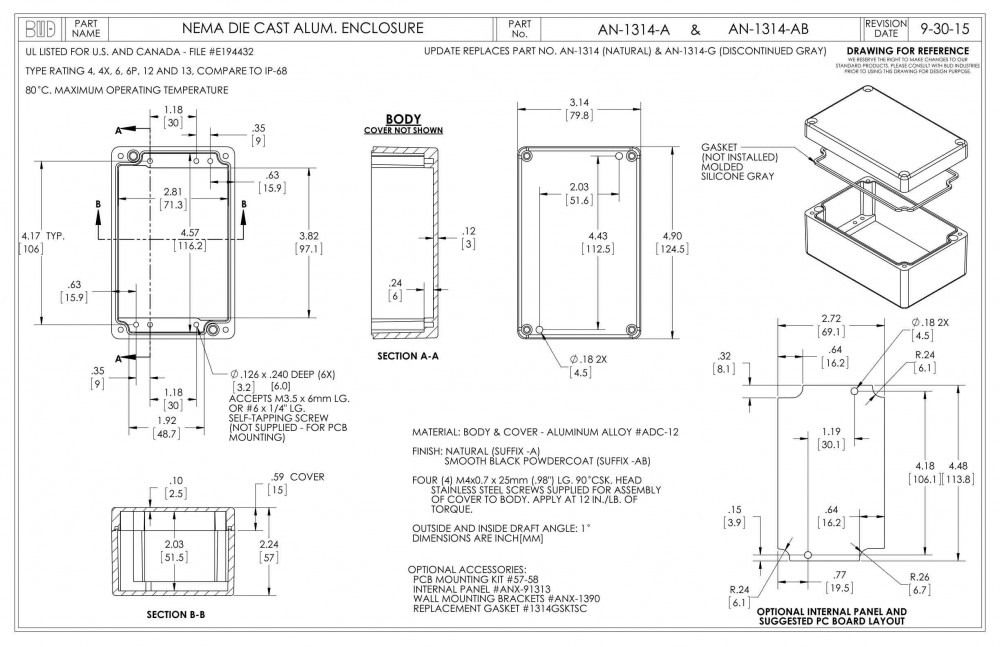 Bud Industries AN-1314-AB product drawing and enclosure information