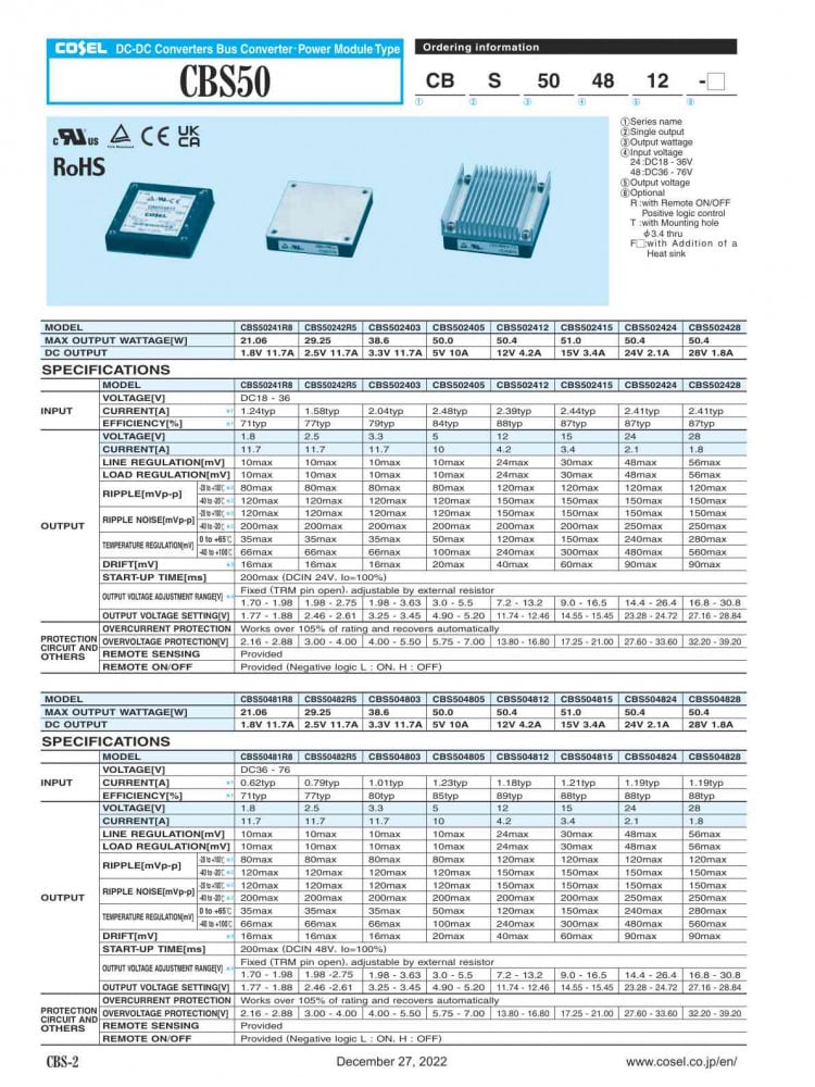 Cosel CBS-series datasheet page 2