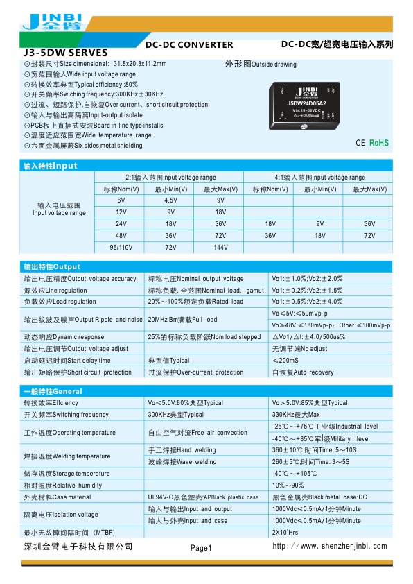 JINBI J6DW series DC-DC converter technical document page 1