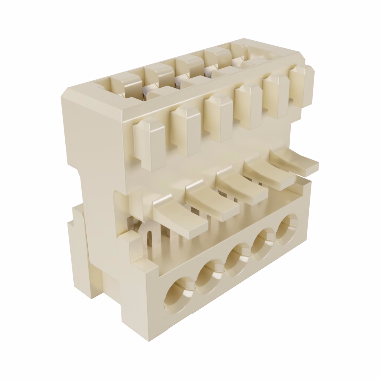 Appli-Mate RAST 2.5 Connector, 2.50mm Pitch, Female, 7 Circuits, Positions A and H Removed, Polarizing Rib Between 2/3, Locking Pips, Slotted Endwalls, Tin Plating