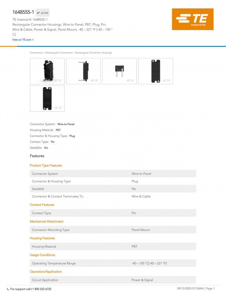 TE Connectivity 1648555-1 technical document page 1