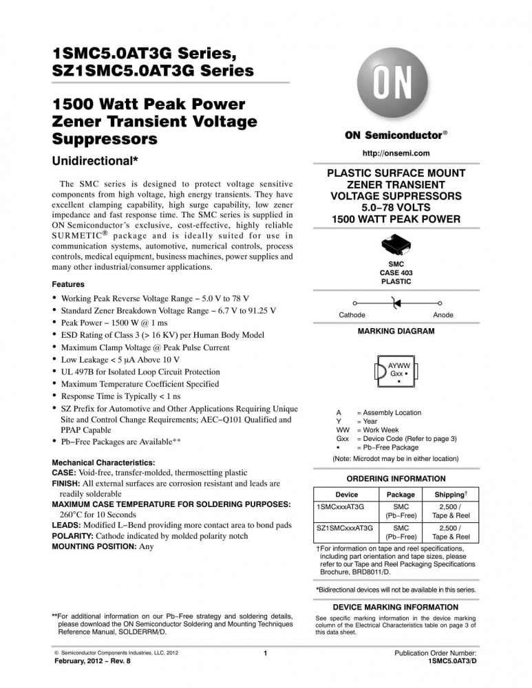 1SMC43AT3G datasheet page 1