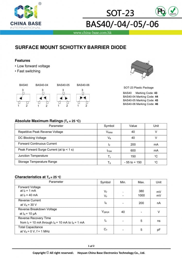 CBI BAS40-05 datasheet page 1