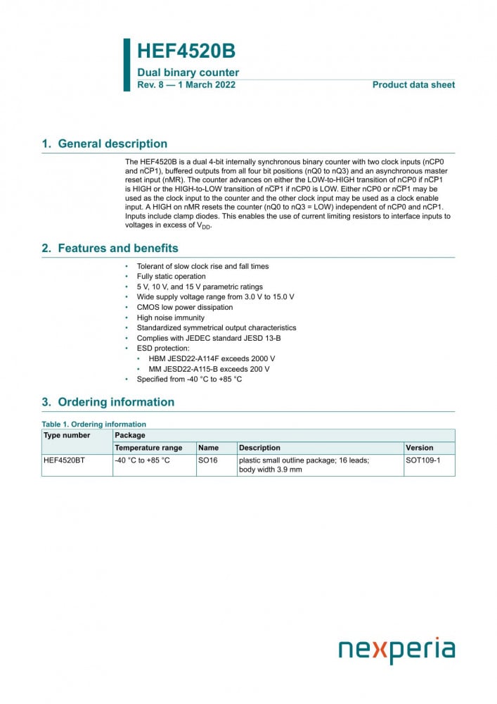HEF4520BT datasheet page 1