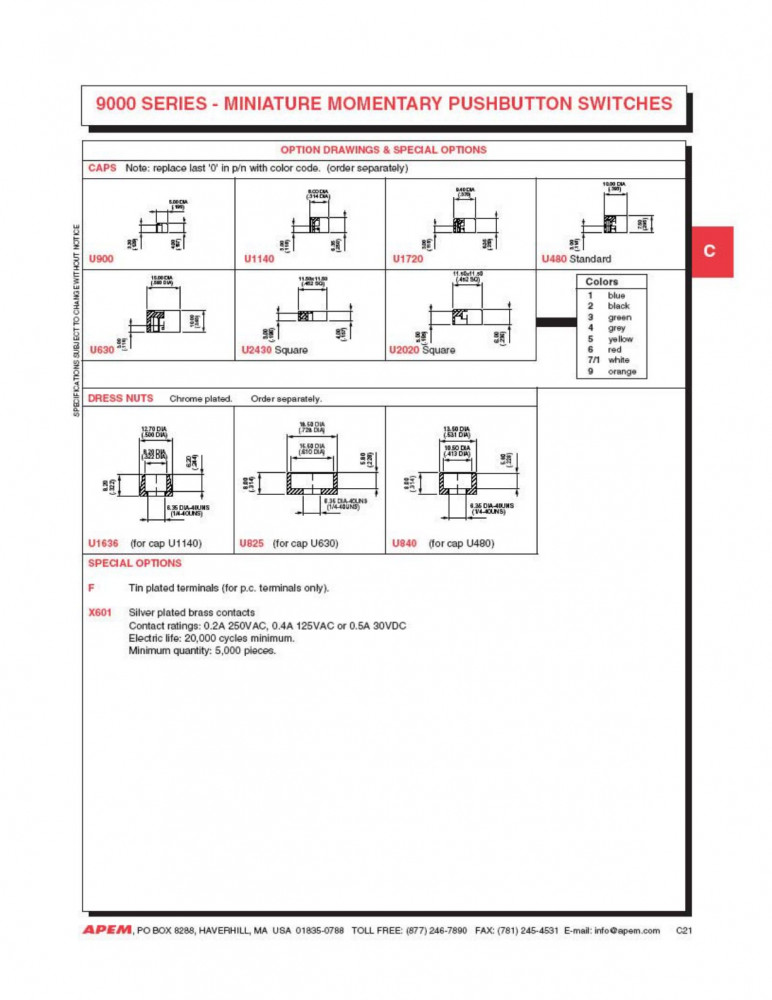 APEM 9000 Series U1727 technical document page