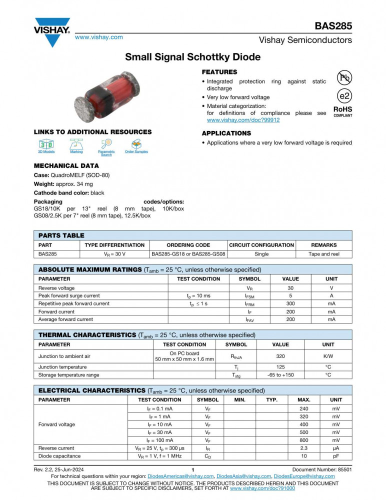BAS285-GS datasheet page 1