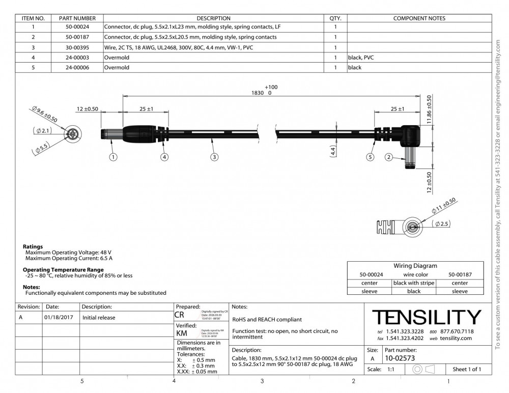 Tensility International 10-02573 cable assembly drawing