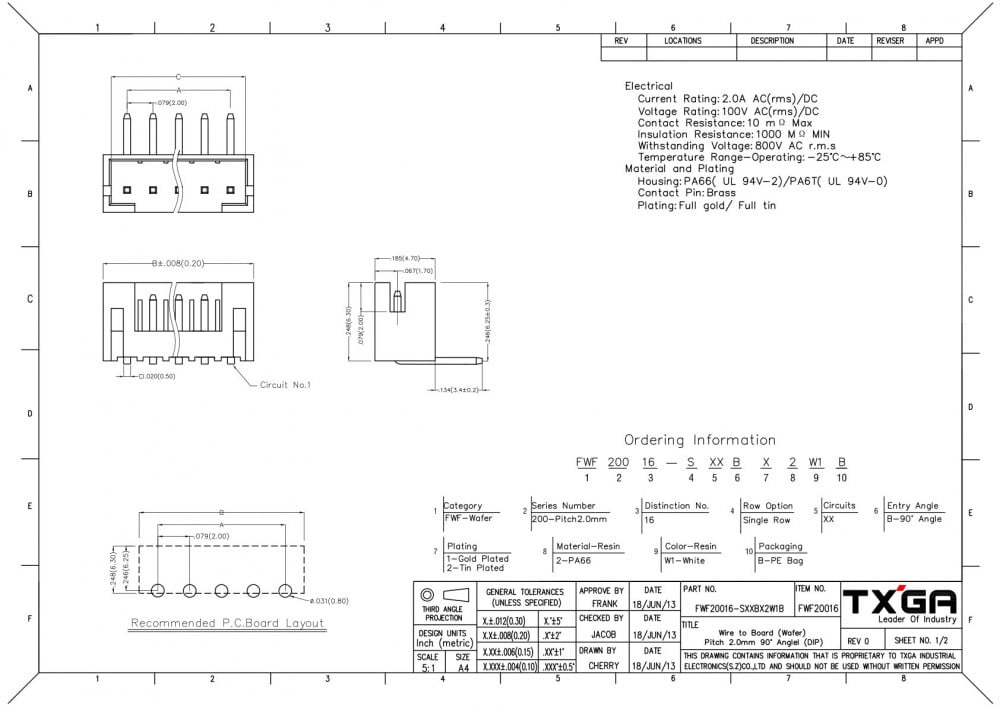 TXGA FWF20016 technical drawing page 1