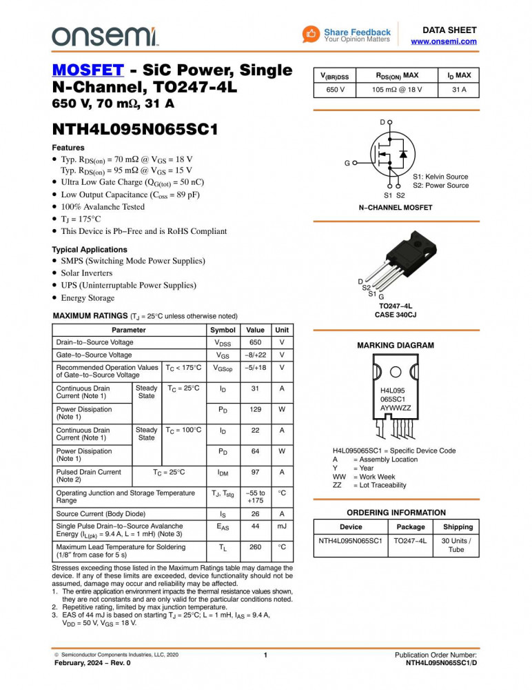 NTH4L095N065SC1 technical document, page 1