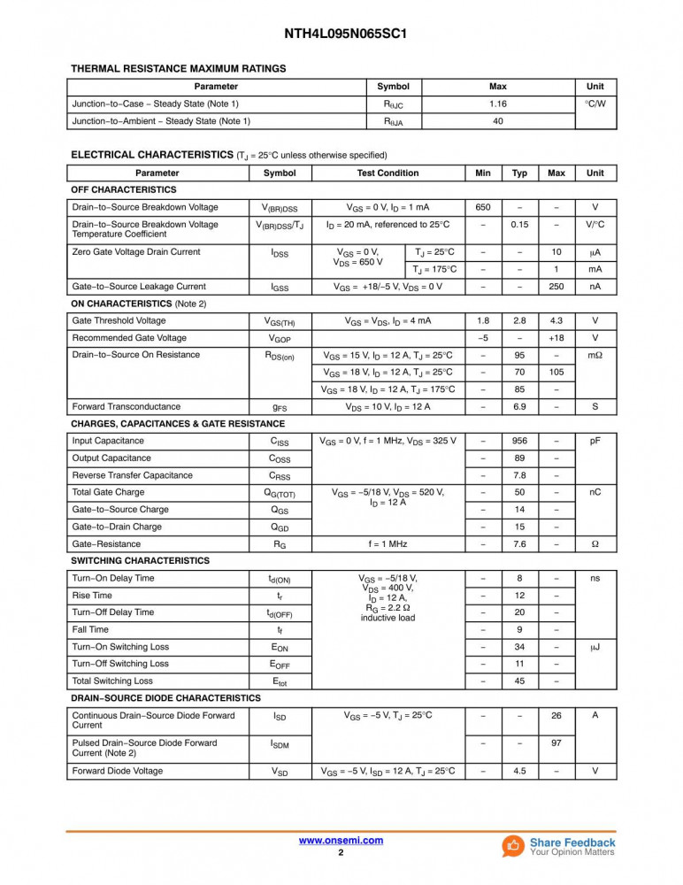 NTH4L095N065SC1 technical document, page 2
