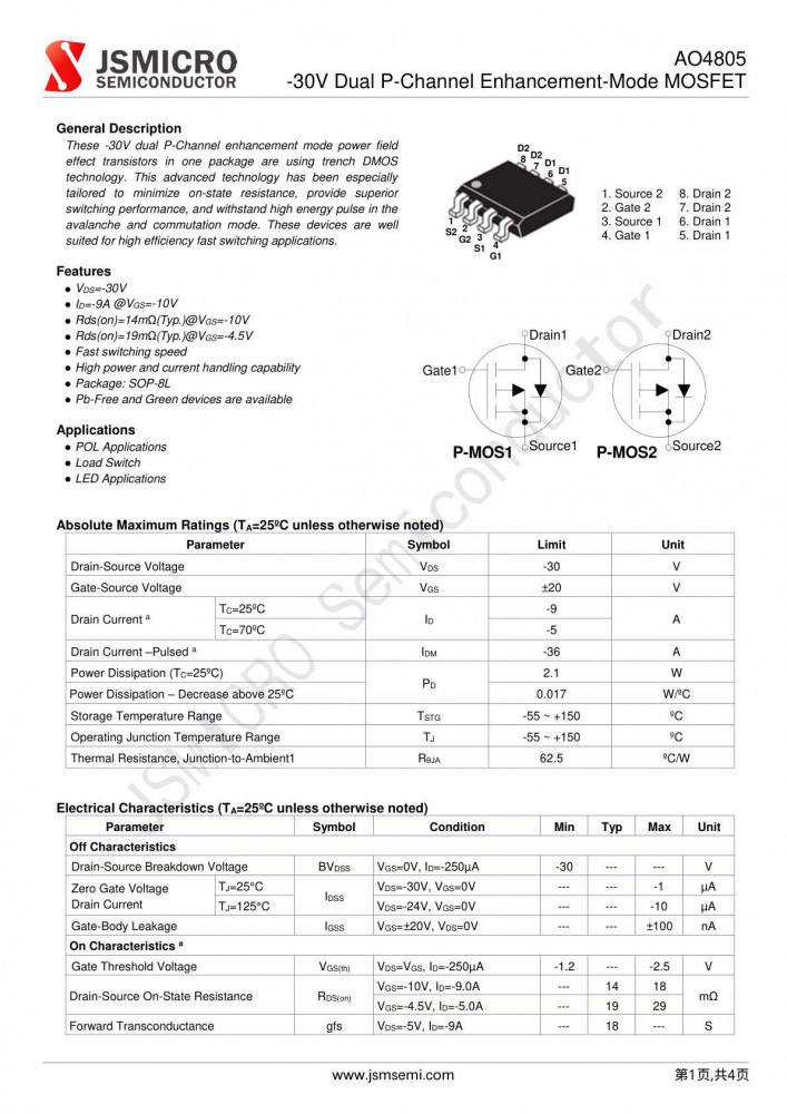 AO4805 datasheet page 1