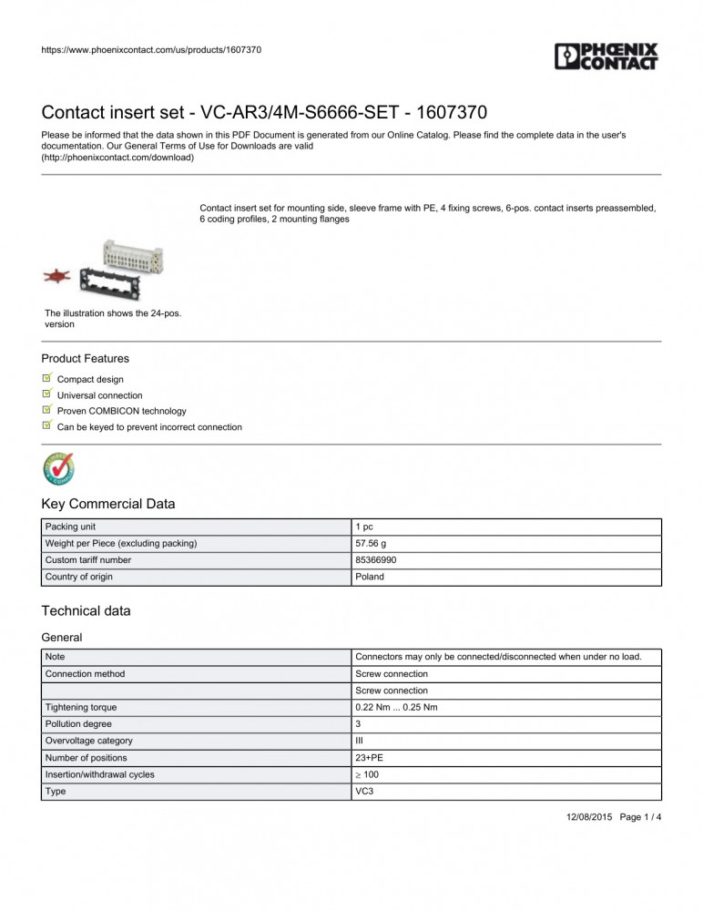 Phoenix Contact 1607370 product document page 1