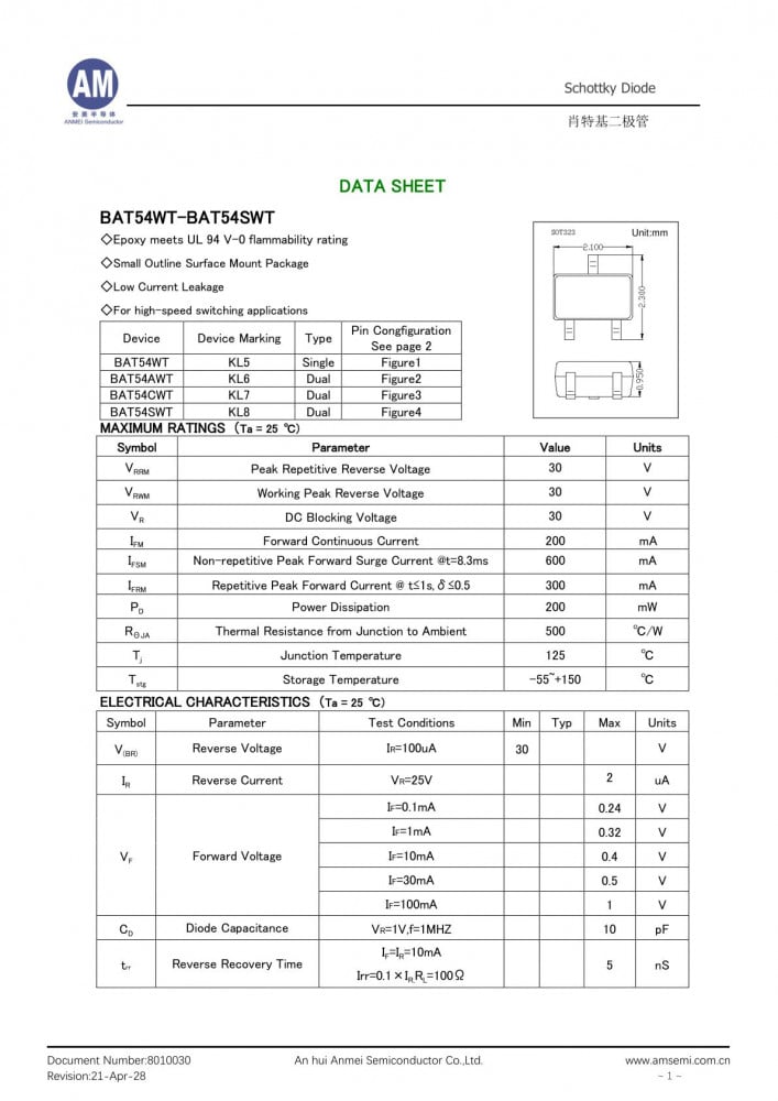 BAT54WT datasheet page 1