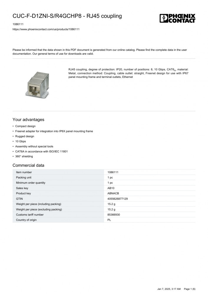 Phoenix Contact 1086111 technical document page 1
