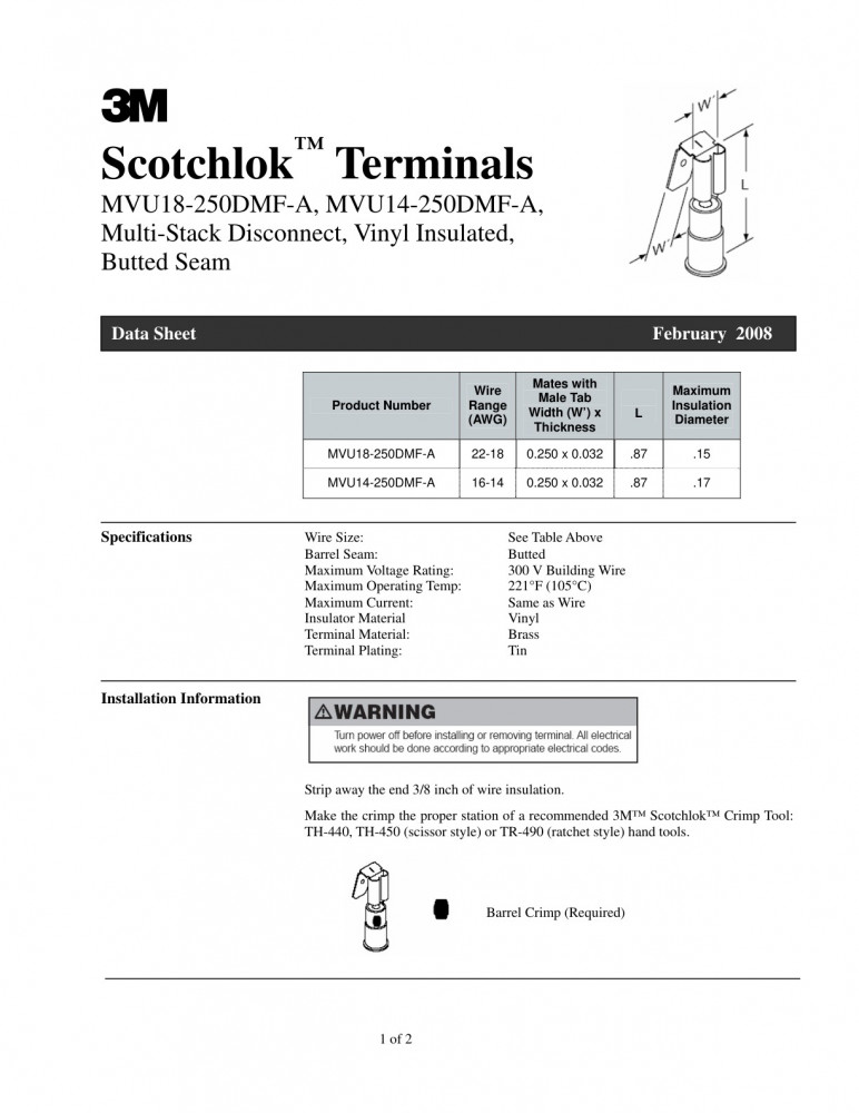 3M Scotchlok MVU18-250DMFK-A technical data sheet page 1
