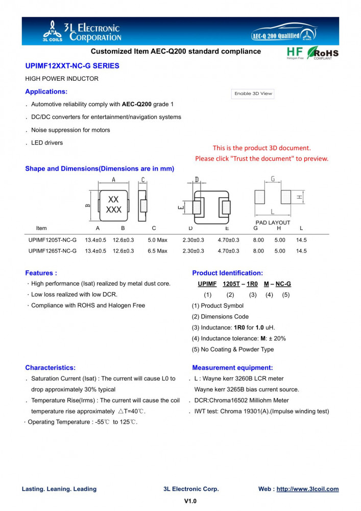 UPIMF series datasheet page 1